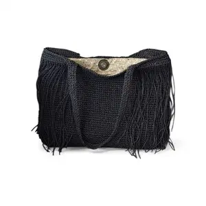 SPRINGMOONATELIER Handmade Raffia Tassel Tote Bag - Black