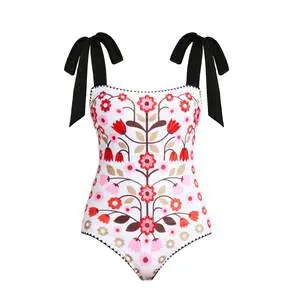 JESSIE ZHAO NEW YORK Floral Symphony Embroidered Swimsuit - White/red