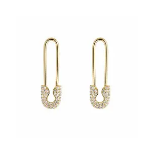 SPERO LONDON Pave Jeweled Safety Pin Sterling Silver Earrings - Gold