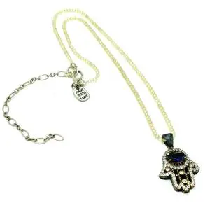 AMY DELSON JEWELRY Charna Champagne Quartz Hamsa Necklace - Blue/white