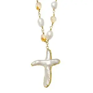 ALEXIE OF ATHENS Santorini Sunset Pearl Cross Strand Necklace - Gold
