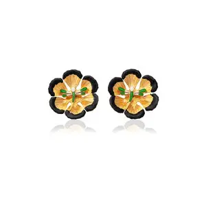 MILOU JEWELRY Gold Plated Flower And Dragonfly Earrings - Black
