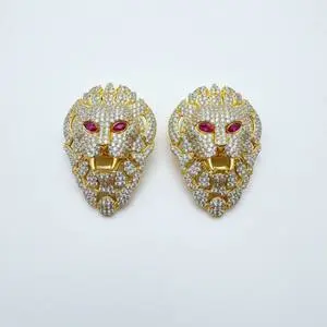 SILVER & ELEGANT Crystal Lion Stud Earrings - Gold