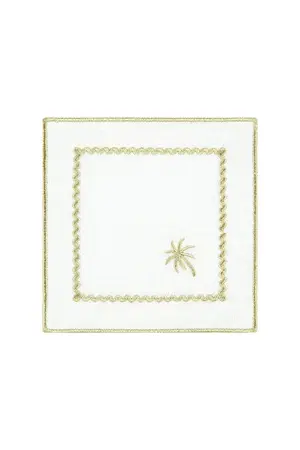 ROUMÉLIE ORIENTALE Pure Linen Embroidered Cocktail Napkin Set Of Four “ Palm Charm - White