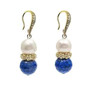 FARRA Royal Lapis And Pearl Floral Dangle Earrings - Blue