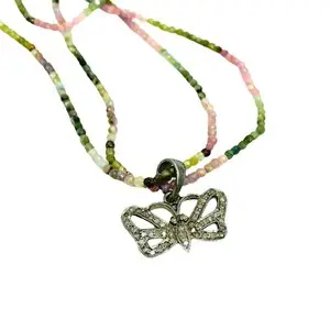 AMY DELSON JEWELRY Brielle Diamond Butterfly Watermelon Tourmaline Necklace - Silver
