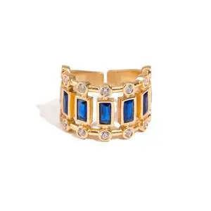 EBRU JEWELRY Radiant Majesty Sapphire Gold Adjustable Cuff Ring - Gold/blue