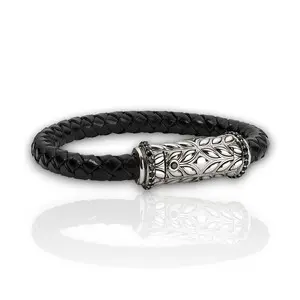 DANEILA LÉON Sterling Silver Twisted Leather Bracelet With Diamonds - Black/silver