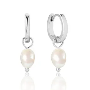 UNALOE Sterling Hoop Earrings With Natural Pearl Pendant - Silver