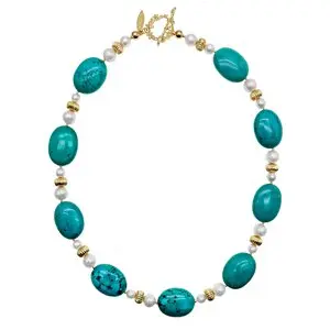 FARRA Oval Turquoise And Freshwater Pearl Necklace - White/blue