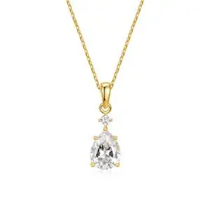 GENEVIVE Gold Plated Pear Pendant Necklace - White