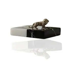 MARLETH Gold / Black / White Black & White Marble Square Ashtray With Silver Lion Detail - Gold/black/white