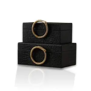MARLETH Set Of Two Snake Leather Box Set, Brass Detailed - Black