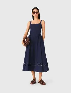 Maje Flared Midi Dress With Scalloped Embroidery - Navy