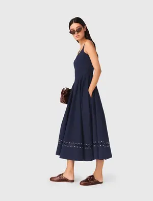 Maje Flared Midi Dress With Scalloped Embroidery - Navy
