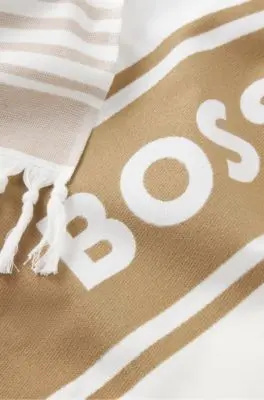 BOSS Fringed Logo Beach Towel In Cotton Jacquard
