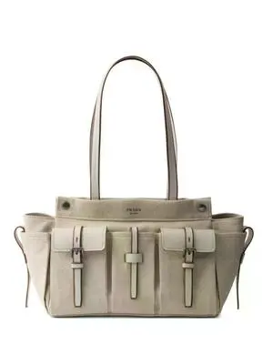 Prada Large Canvas And Leather Tote Bag - Neutrals