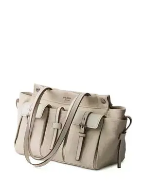 Prada Large Canvas And Leather Tote Bag - Neutrals