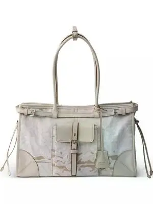 Prada Bonnie Large Printed Linen And Leather Handbag - Neutrals