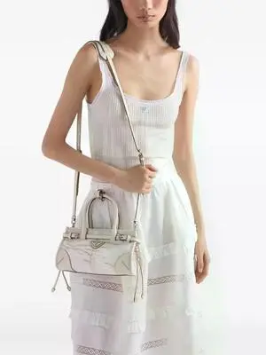 Prada Bonnie Small Printed Linen And Leather Handbag - Neutrals