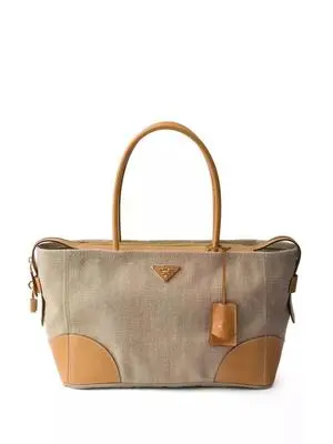Prada Large Linen And Leather Tote Bag - Neutrals
