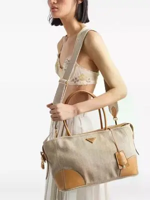 Prada Large Linen And Leather Tote Bag - Neutrals