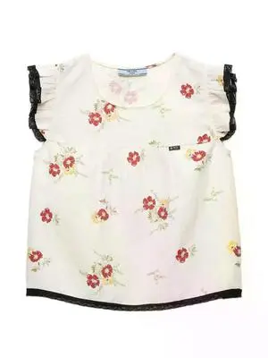 Prada Linen Top With Floral Motif And Lace Trim - Neutrals