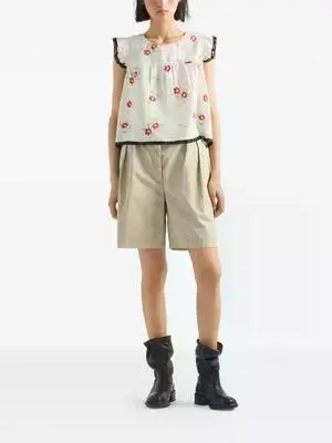 Prada Linen Top With Floral Motif And Lace Trim - Neutrals