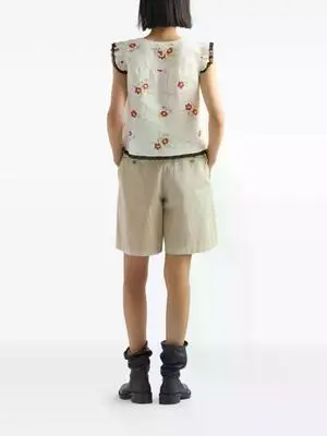 Prada Linen Top With Floral Motif And Lace Trim - Neutrals