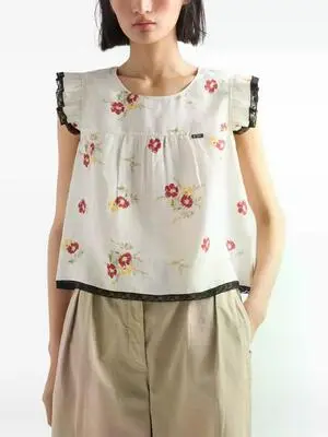 Prada Linen Top With Floral Motif And Lace Trim - Neutrals