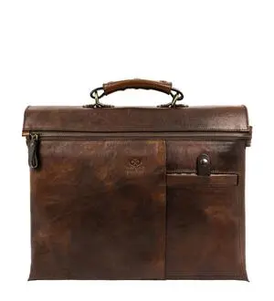 TIME RESISTANCE Leather Briefcase Laptop Bag - Brown