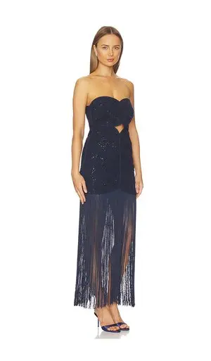 Azulu Crochet Maxi Dress With Fringe Trim - Navy