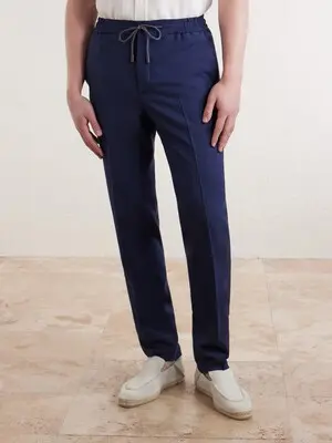 SLOWEAR Tapered Pleated Virgin Wool, Silk And Linen-blend Drawstring Trousers - Blue