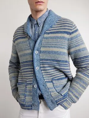 Ralph Lauren Shawl-collar Striped Cotton And Linen-blend Cardigan