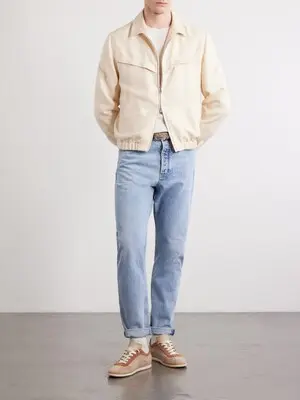 Brunello Cucinelli Herringbone Wool, Silk And Linen-blend Blouson Jacket - Neutrals