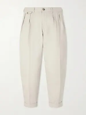 BEAMS Tapered Pleated Cotton-blend Twill Trousers - Neutrals