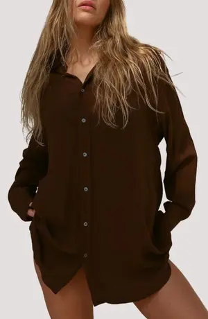 STONE FOX SWIM Mimi Relaxed Fit Button-up Cover-up Shirtdress - Earth