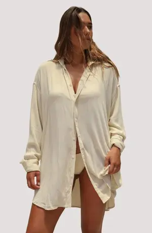 STONE FOX SWIM Mimi Relaxed Fit Button-up Cover-up Shirtdress - Summer Sand