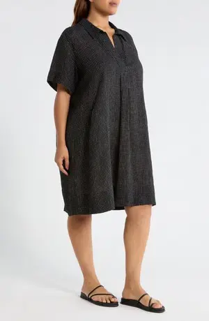 Eileen Fisher Windowpane Plaid Elbow Sleeve Organic Linen Shift Dress