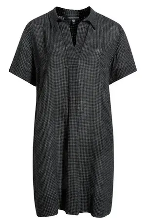 Eileen Fisher Windowpane Plaid Elbow Sleeve Organic Linen Shift Dress