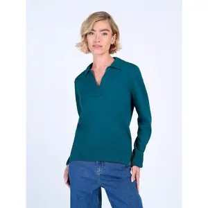 KETTLEWELL Long Sleeve Collared V-neck Sweater - Deep Teal