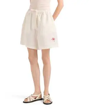 Prada Embroidered Slubbed Linen Shorts