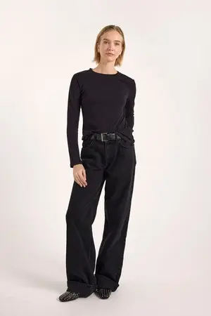 BRODIE CASHMERE Long Sleeve Cotton Crew Neck T-shirt - Black