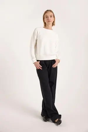 BRODIE CASHMERE Bead Trim Jersey Crew Neck Sweatshirt - Ivory