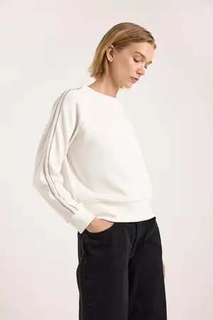 BRODIE CASHMERE Bead Trim Jersey Crew Neck Sweatshirt - Ivory