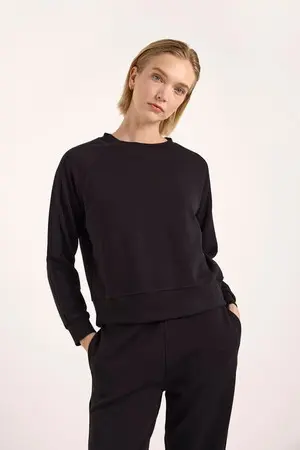 BRODIE CASHMERE Stripe Sleeve Crew Neck Sweatshirt - Black