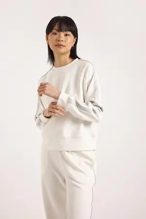 BRODIE CASHMERE Stripe Sleeve Crew Neck Sweatshirt - Ivory