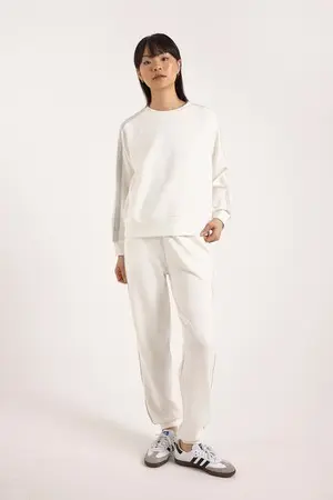 BRODIE CASHMERE Stripe Sleeve Crew Neck Sweatshirt - Ivory