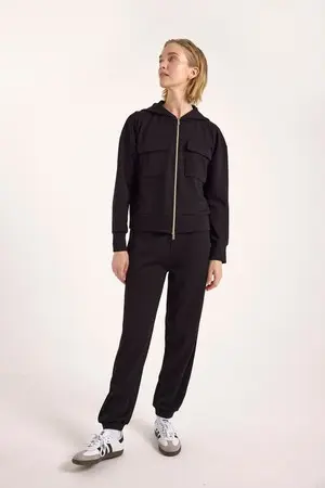 BRODIE CASHMERE Patch Pocket Jersey Full Zip Hoodie - Black