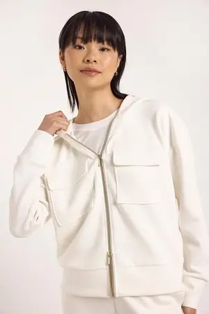 BRODIE CASHMERE Patch Pocket Jersey Full Zip Hoodie - Ivory